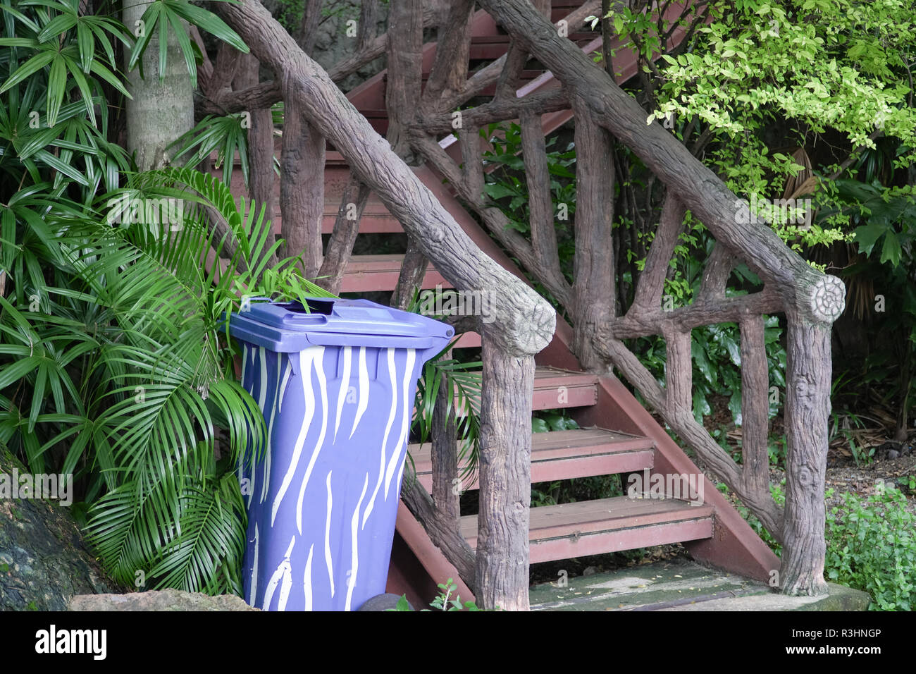 Blue Garbage Bin, Plastic Container, Near Old Stairs In The Zoo Park ...
