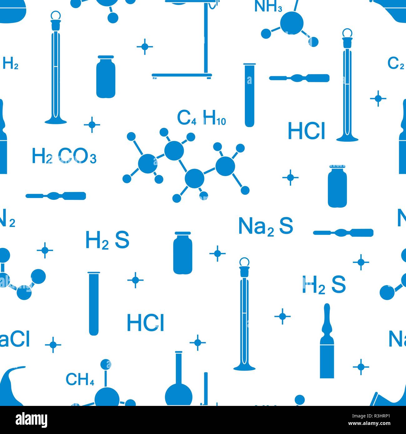 Scientific vector seamless pattern with flasks, test tubes, beakers ...
