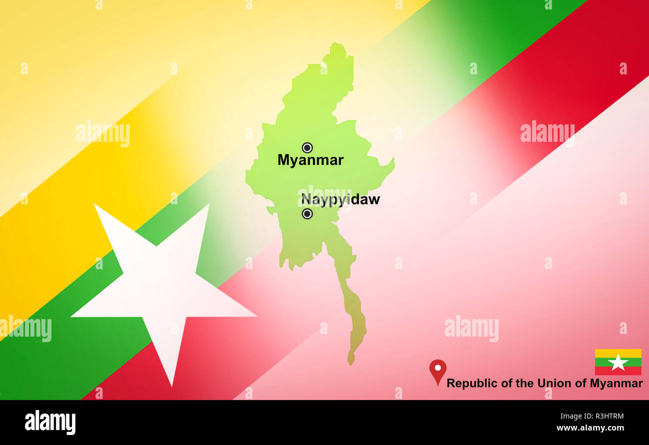 Myanmar map and Naypyidaw with location map pin and Myanmar flag on map ...
