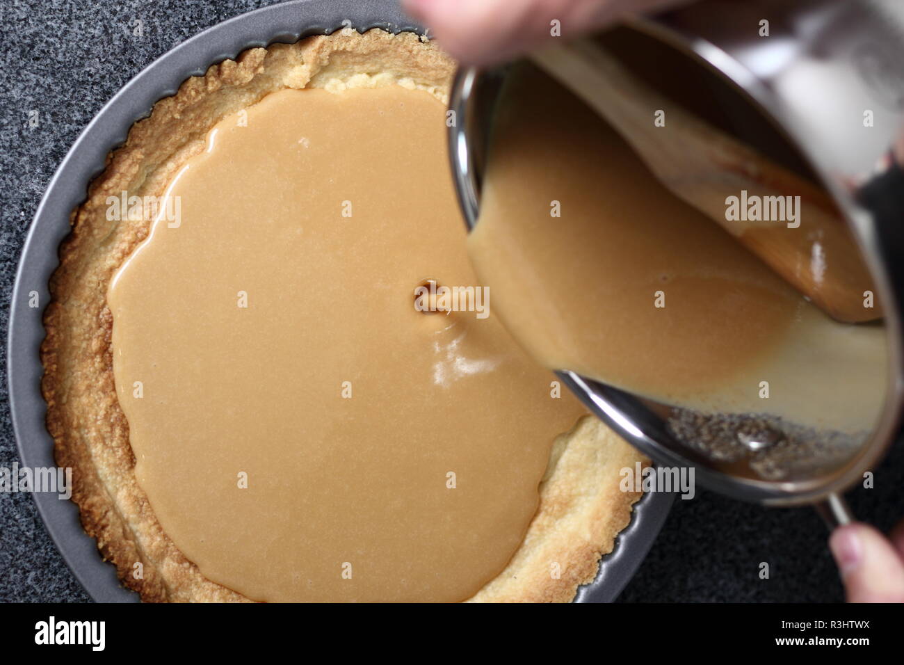 Pouring Caramel Filling into Pastry Case. Making Boston Banoffee Pie ...
