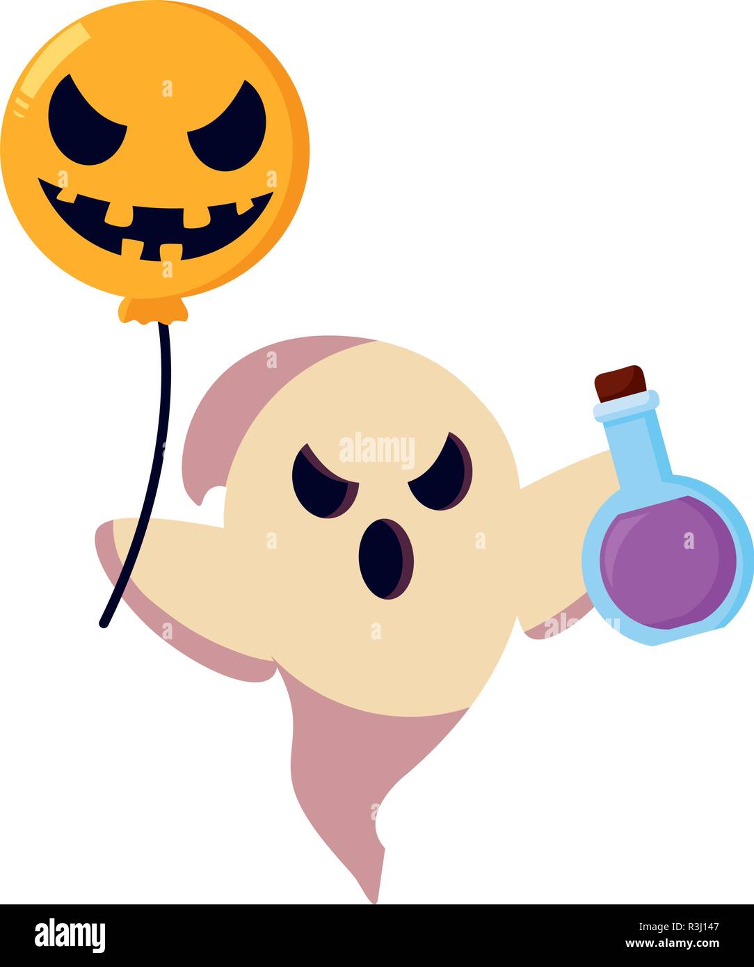 ghost with balloon and bottle potion halloween vector illustration ...