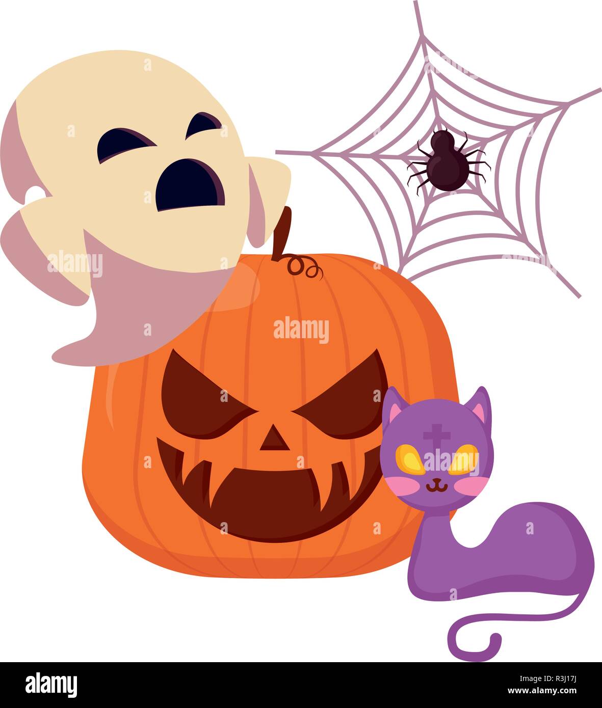 ghost and pumpkin cat and spider halloween celebration vector ...