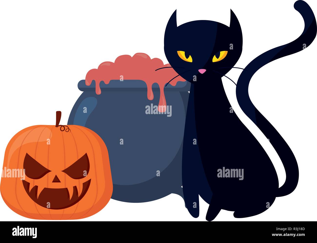 black cat and cauldron pumpkin halloween celebration vector ...