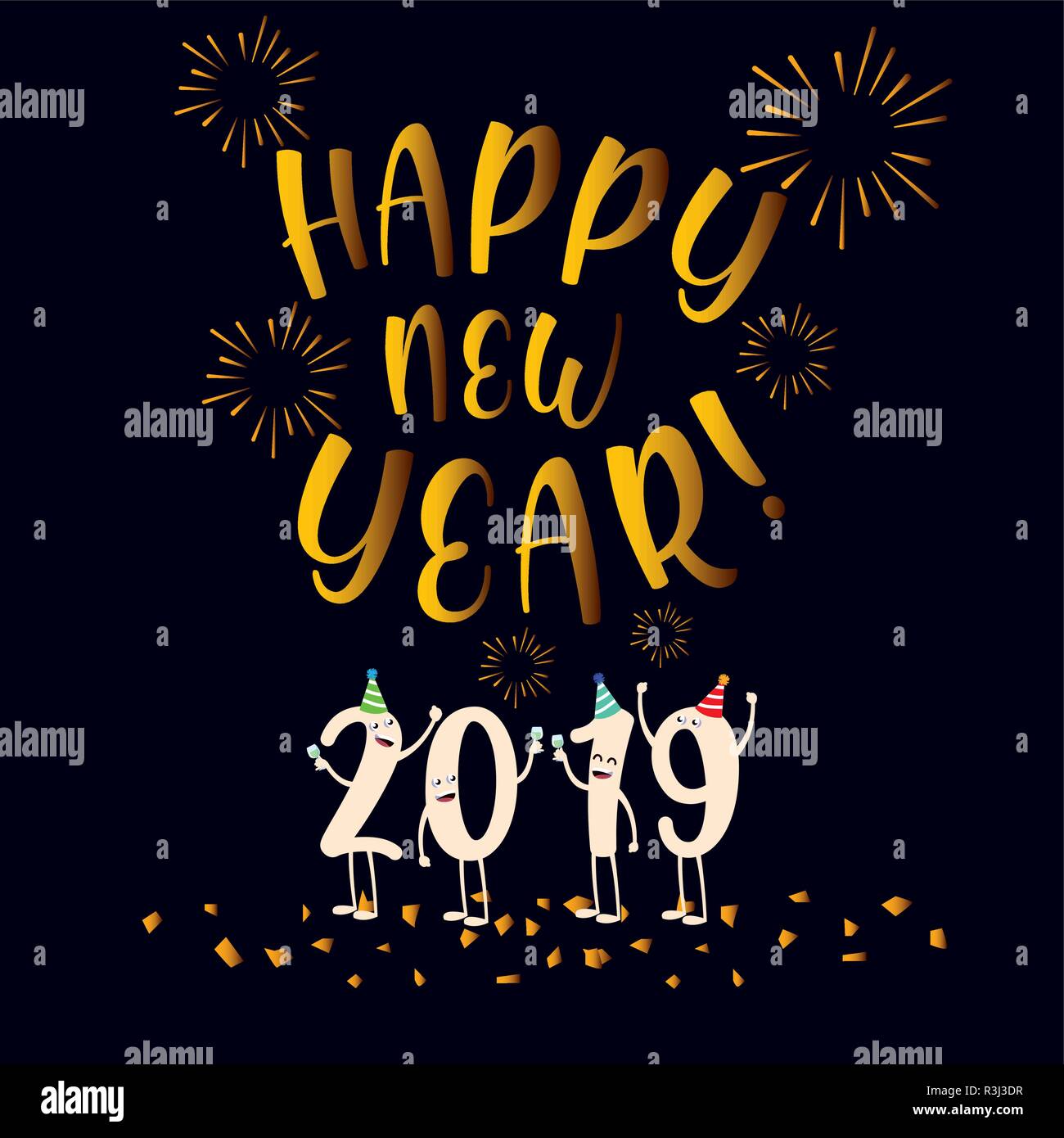 happy new year 2019 kawaii character vector illustration design Stock ...