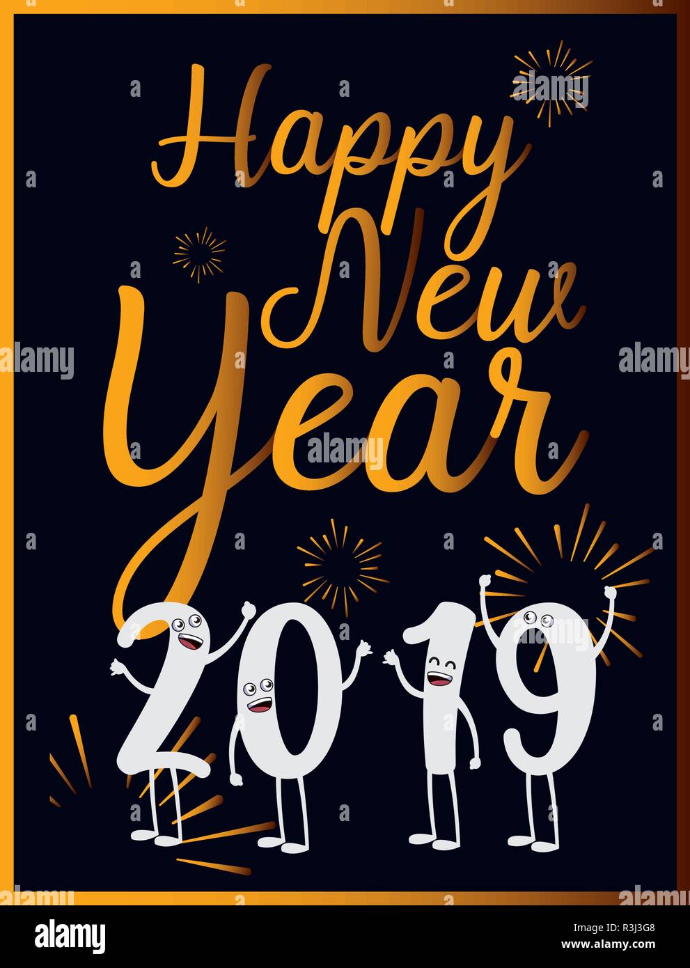 happy new year 2019 kawaii character vector illustration design Stock ...