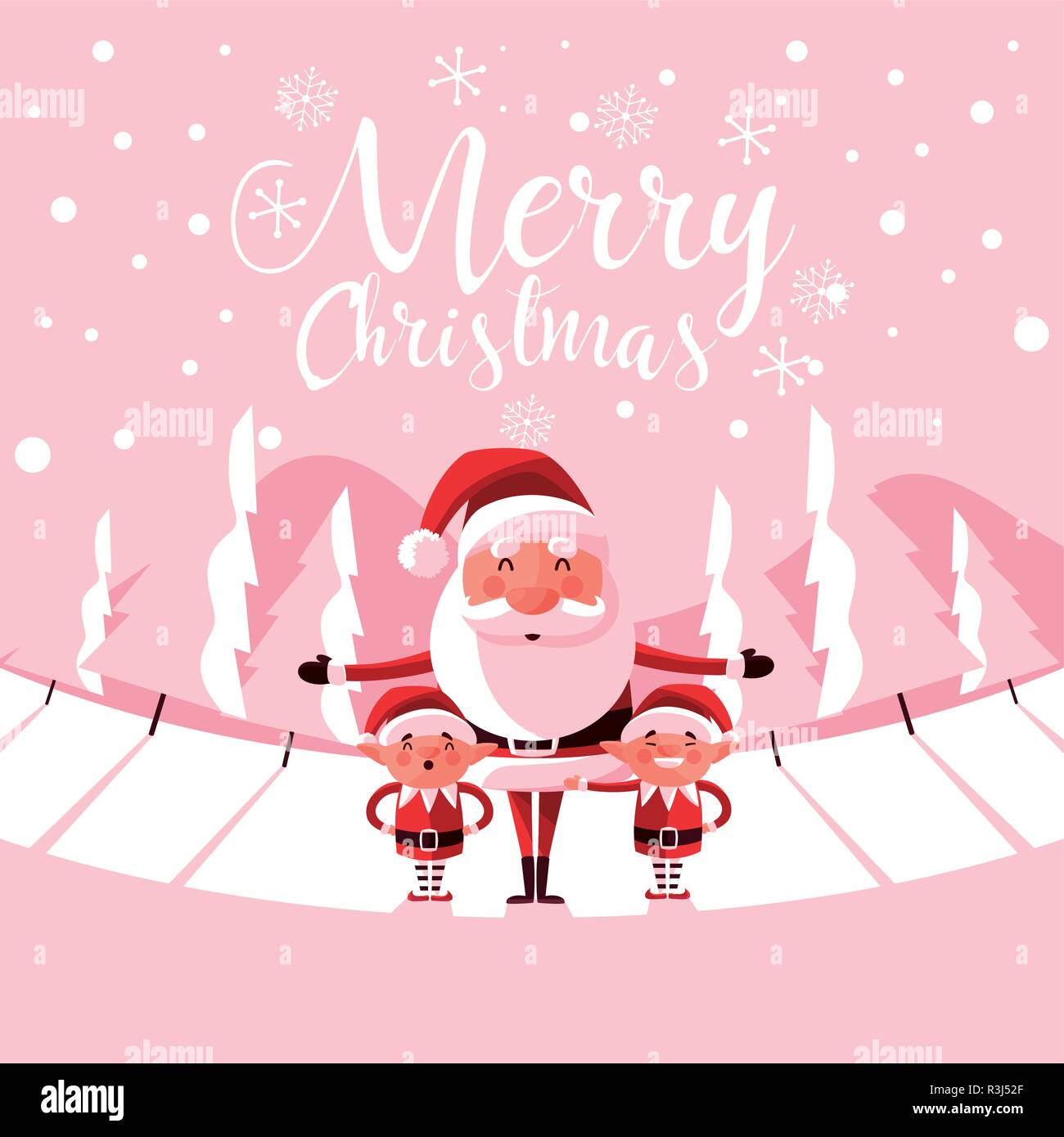 santa claus christmas with helpers in snowscape vector illustration ...