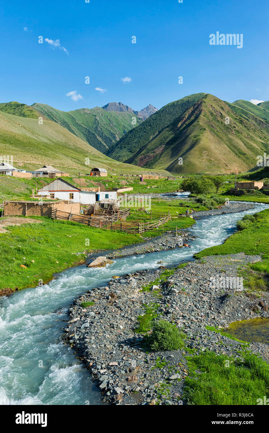 Settlement along a mountain river Naryn, Naryn gorge, Naryn Region ...