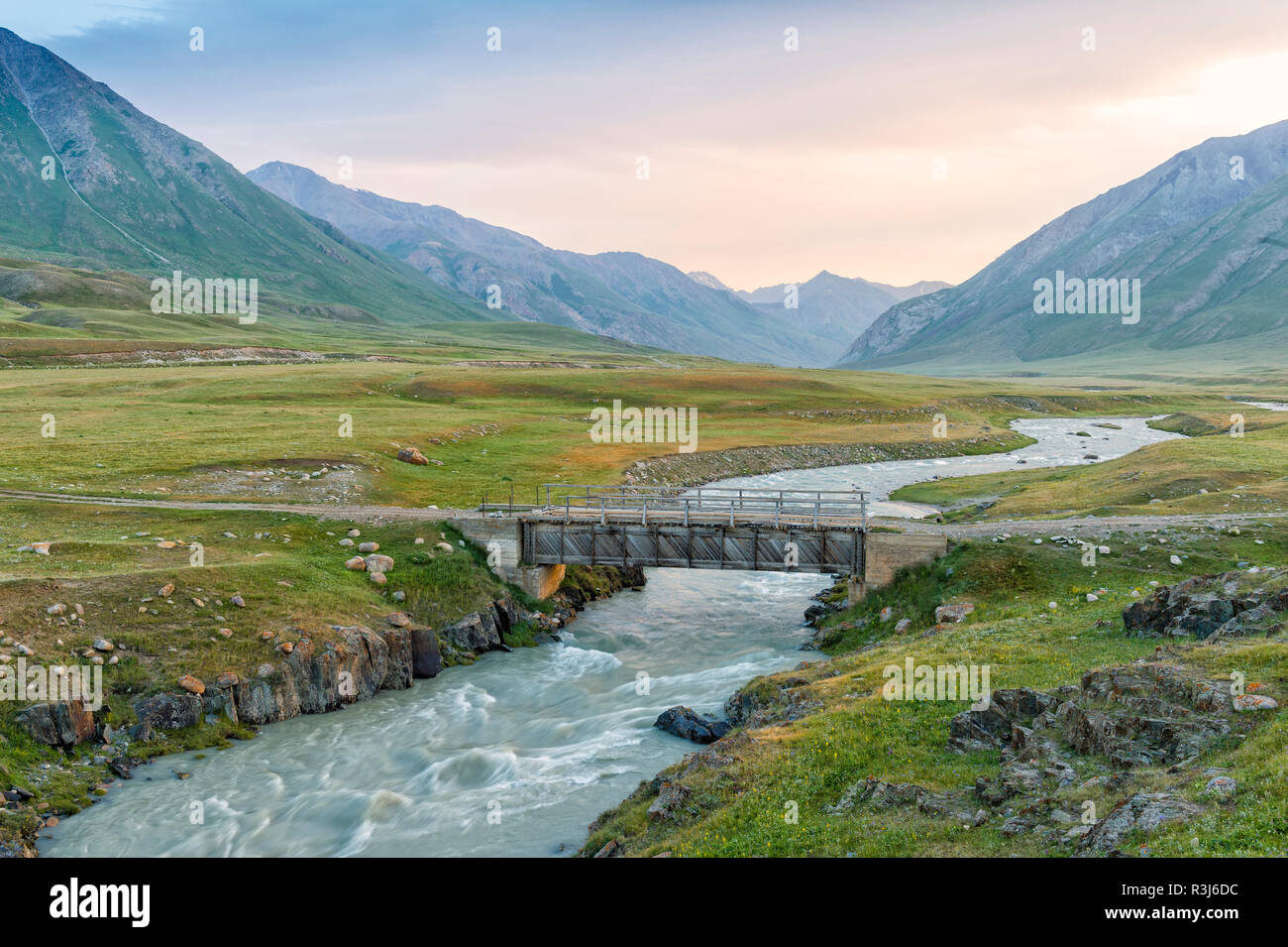 Mountain landscape, wooden bridge over river Naryn, Naryn gorge, Naryn ...