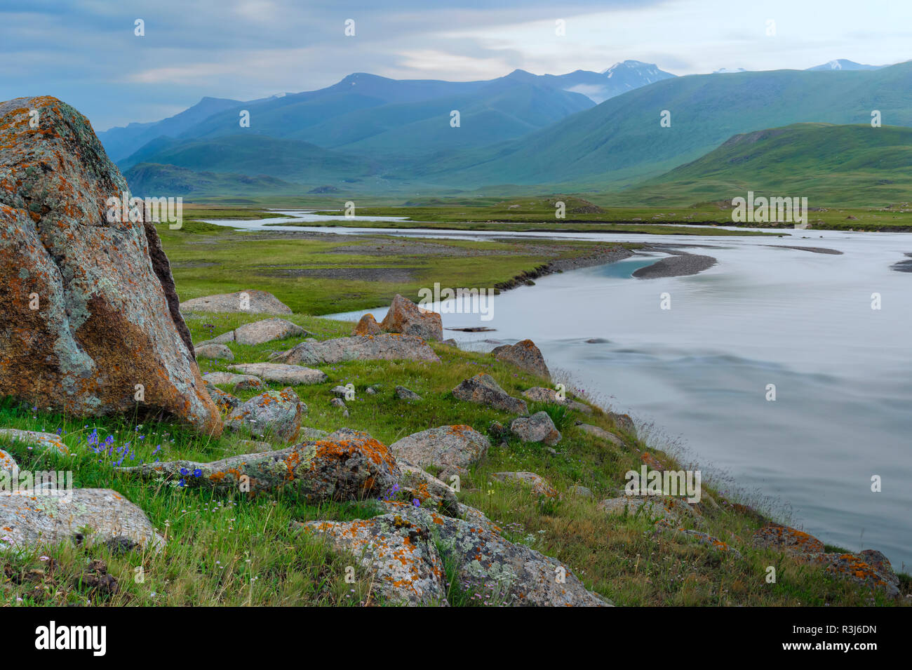 Rocks and Lichens at Naryn River, Naryn gorge, Naryn Region, Kyrgyzstan ...
