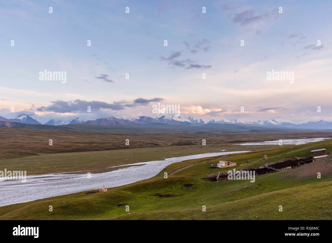 River in the Sary Jaz valley at dawn, Issyk Kul region, Kyrgyzstan ...