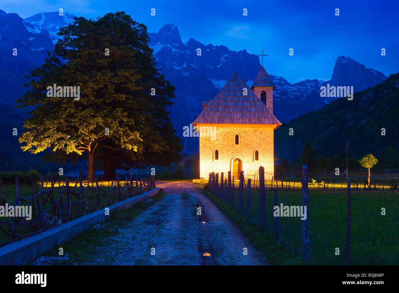 Catholic Church at night, Thethi village, Thethi valley, Albania Stock ...