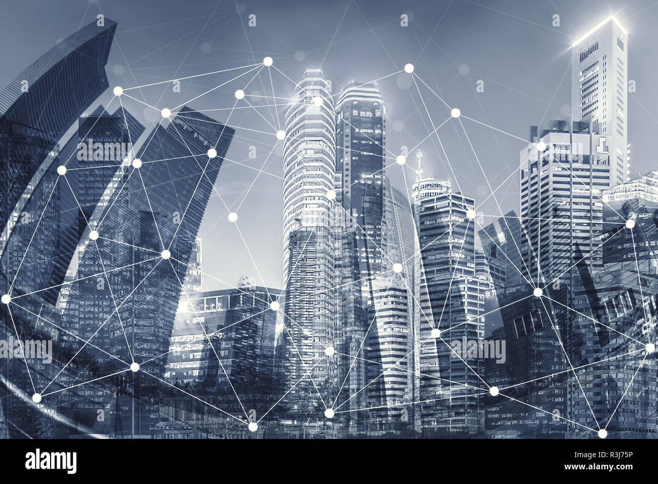 Smart cityscape and network connection concept, wireless signal of ...