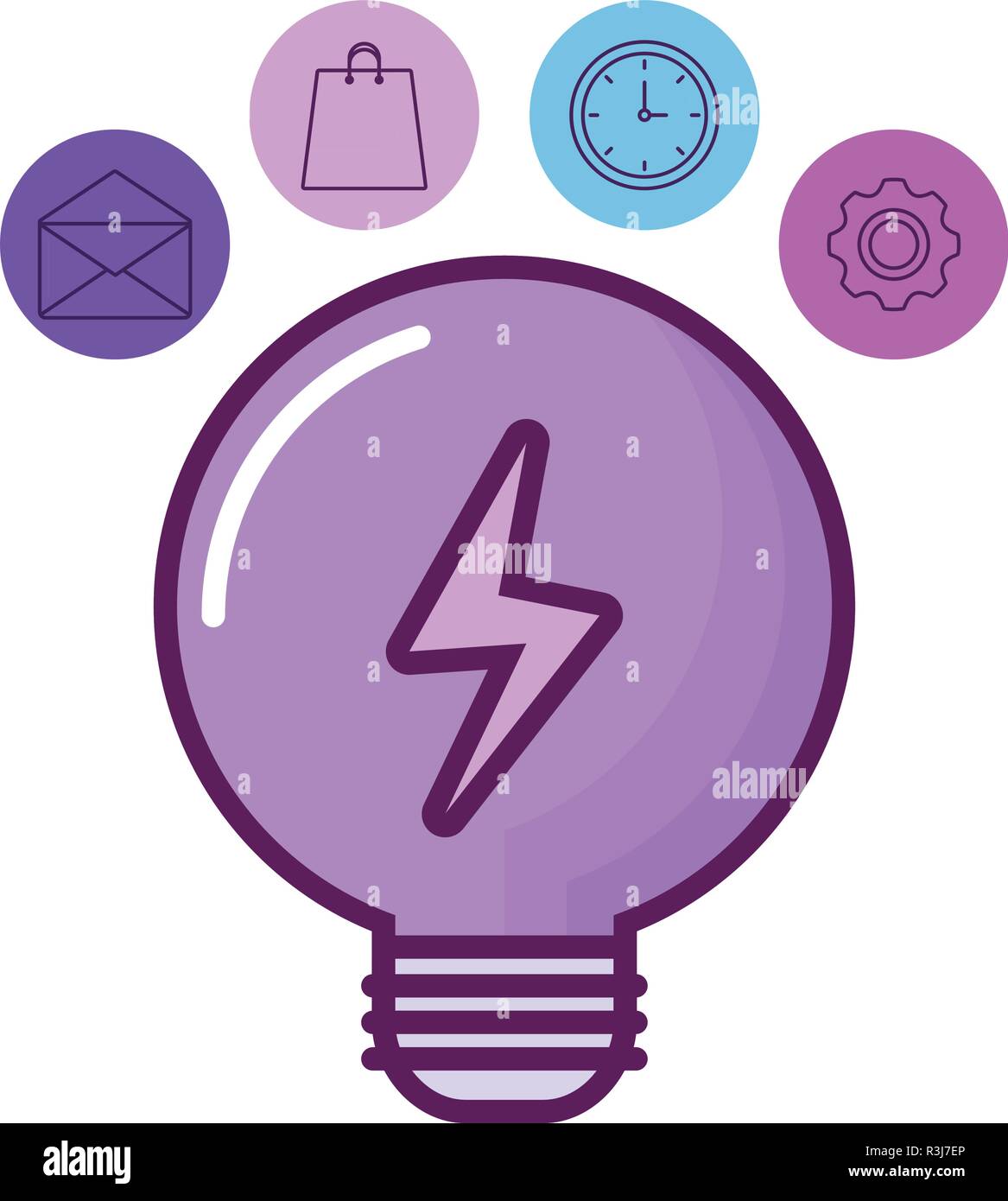 light bulb and digital marketing related icons around over white ...