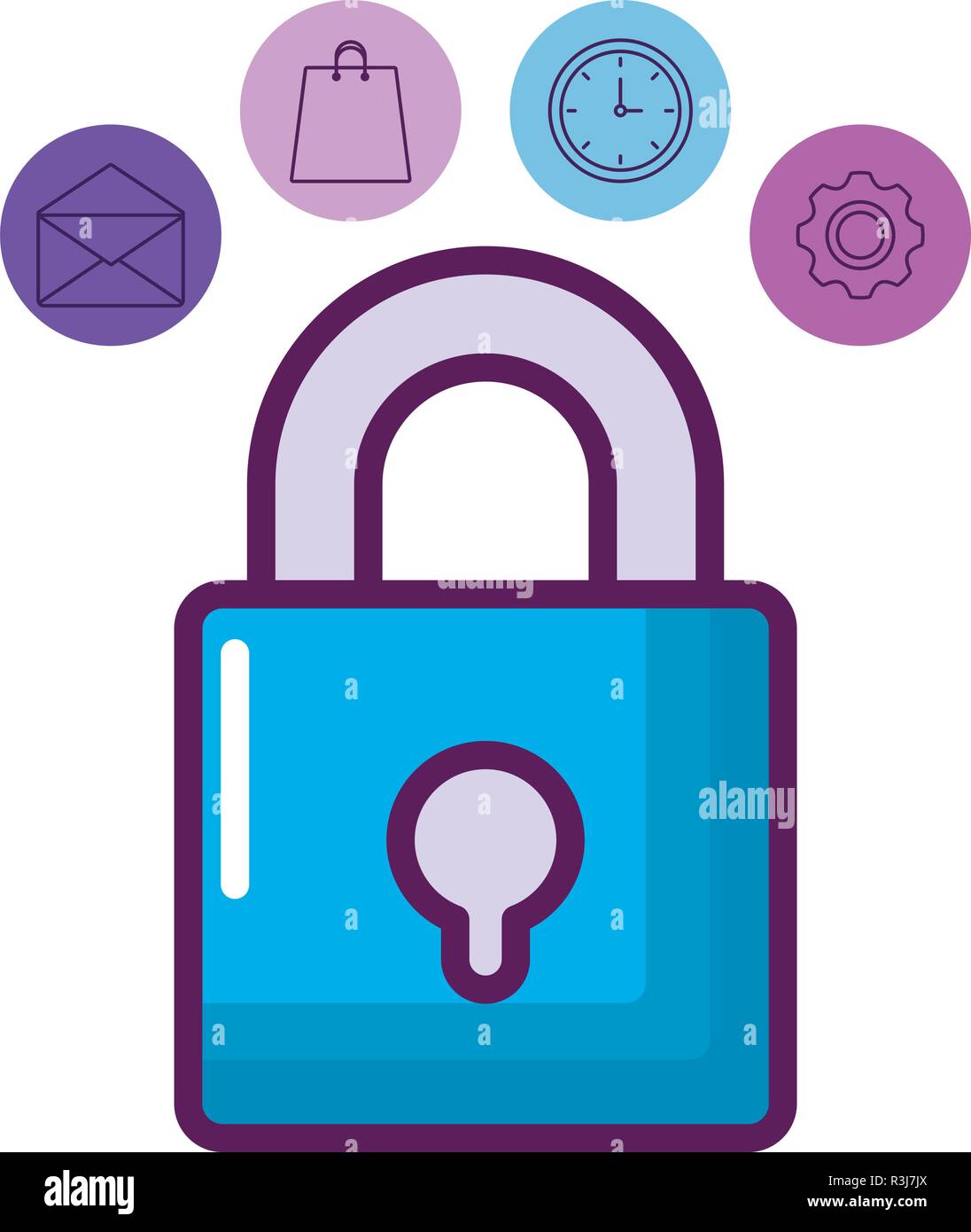 padlock and digital marketing related icons around over white ...