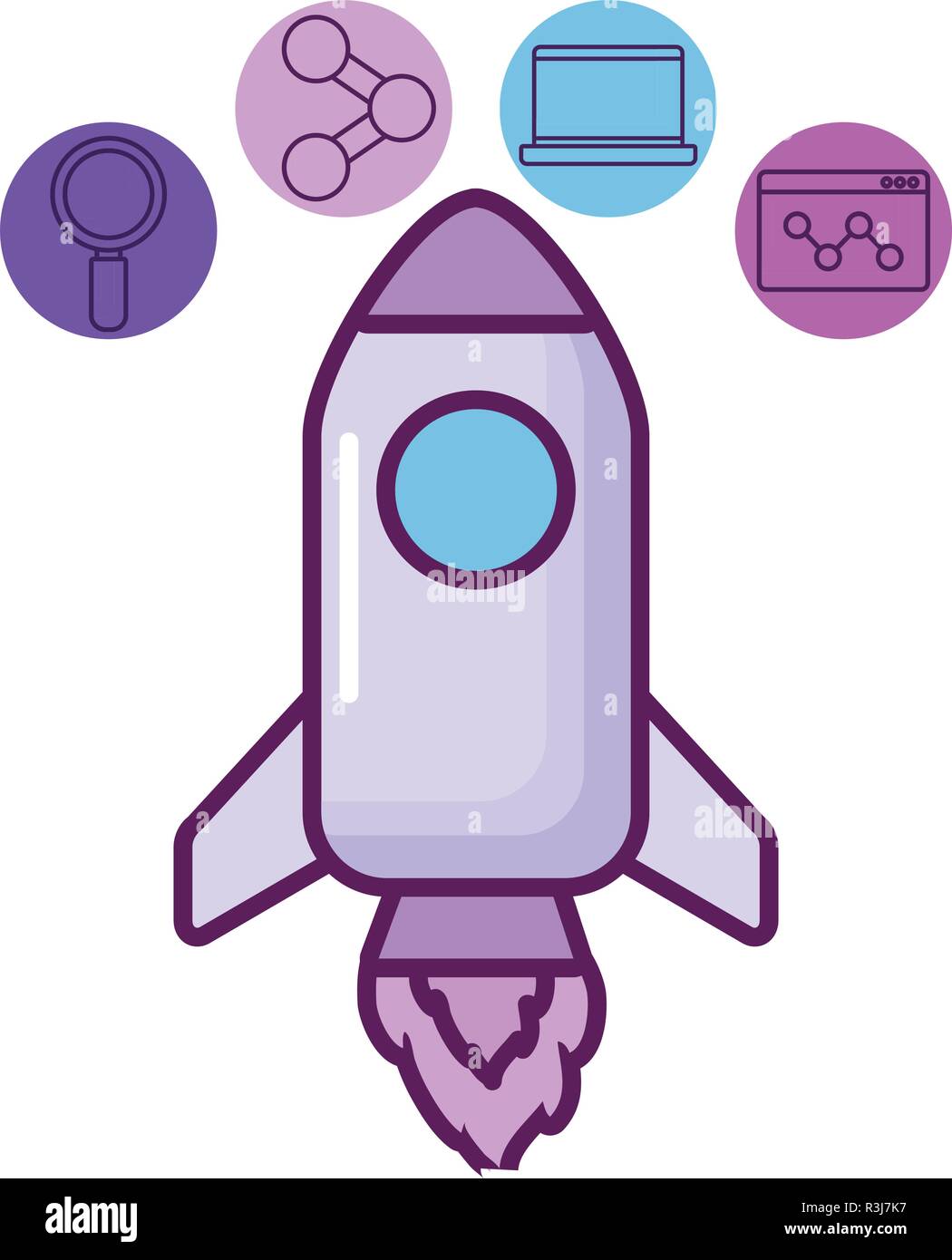 rocket and digital marketing related icons over white background ...