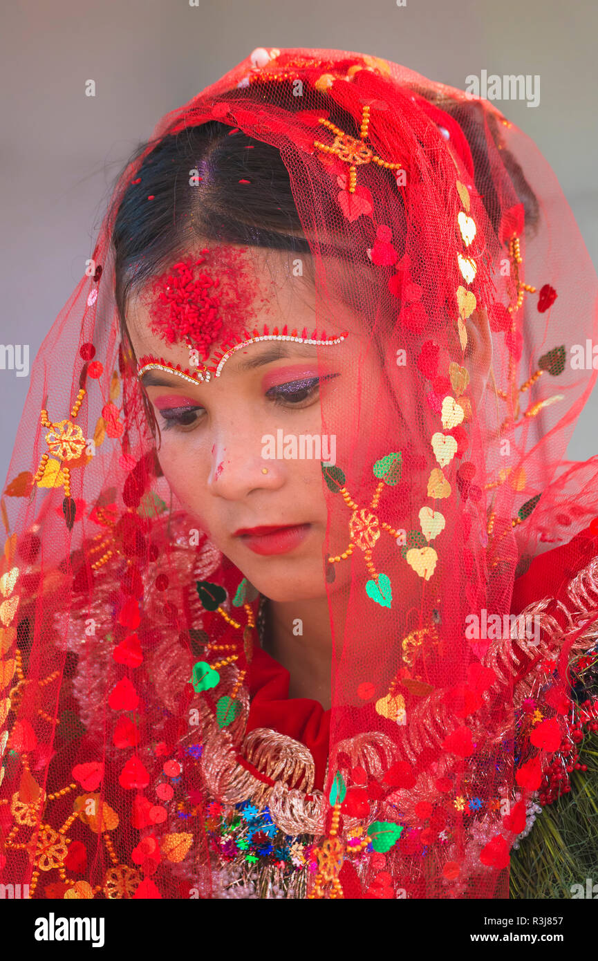 Nepalese bride from the Tharu ethnic group in traditional attire ...