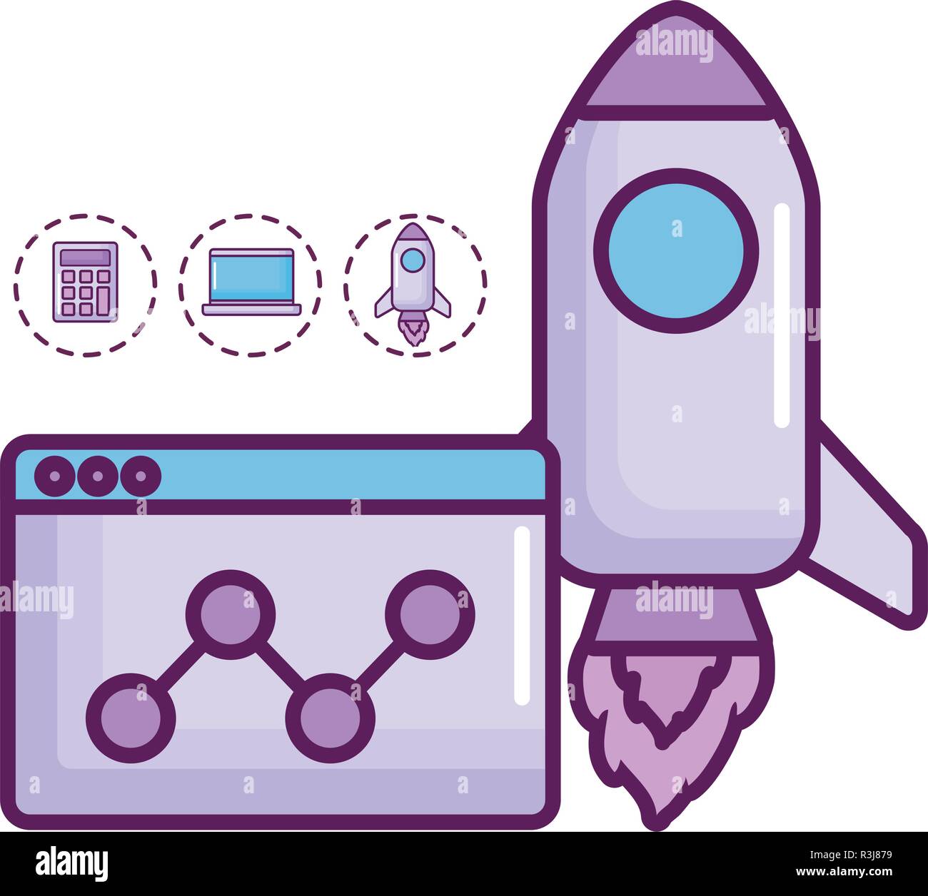 rocket and web interface over white background, vector illustration ...