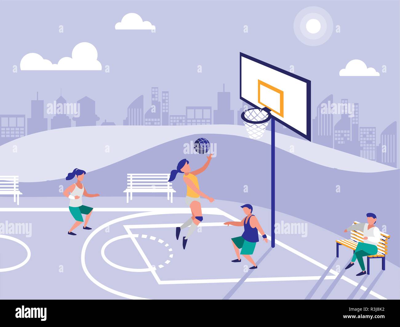 people playing Basketball over park background, vector illustration ...