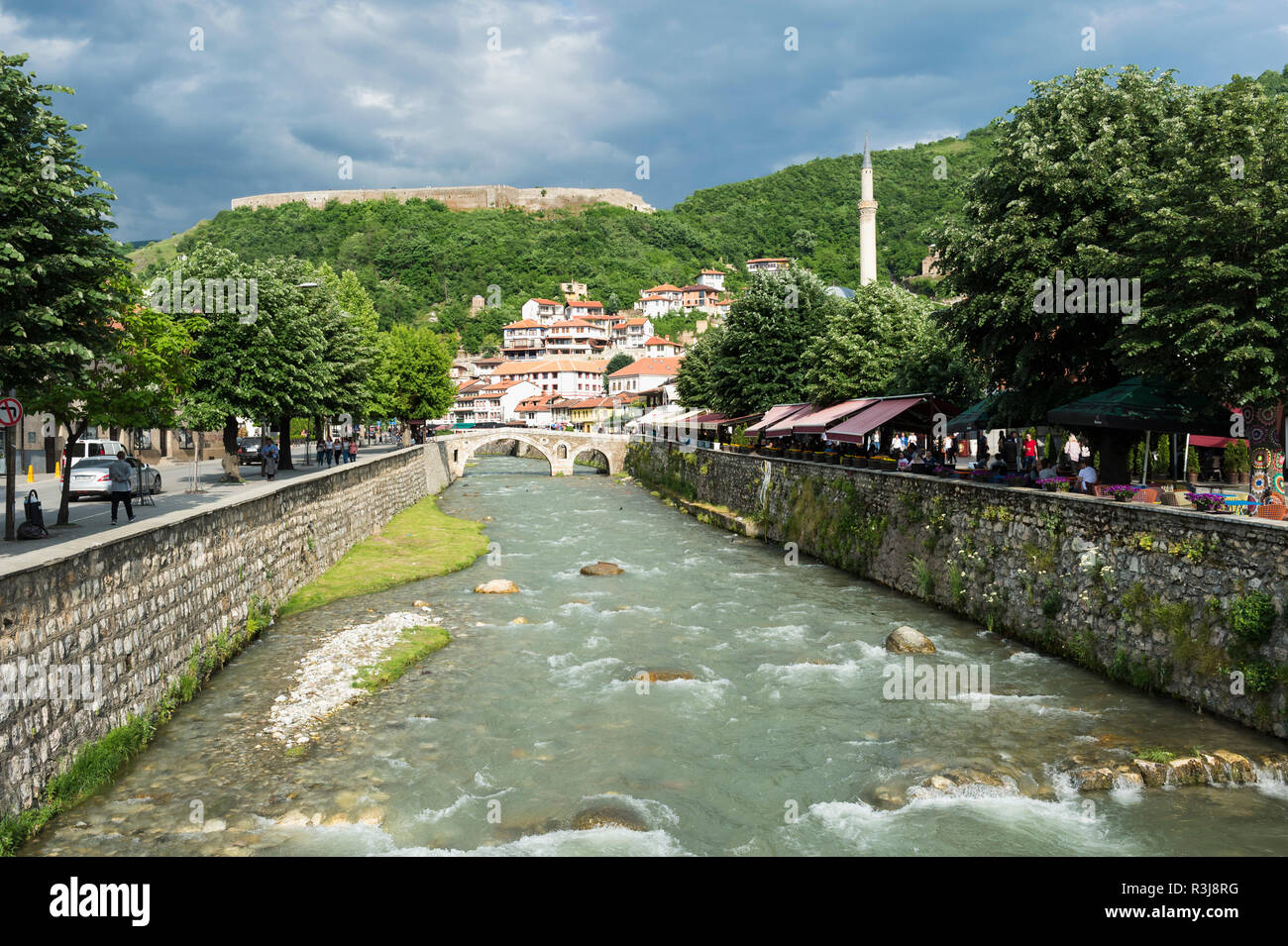 Bistrica river with stone bridge and fortress dominating Prizren ...