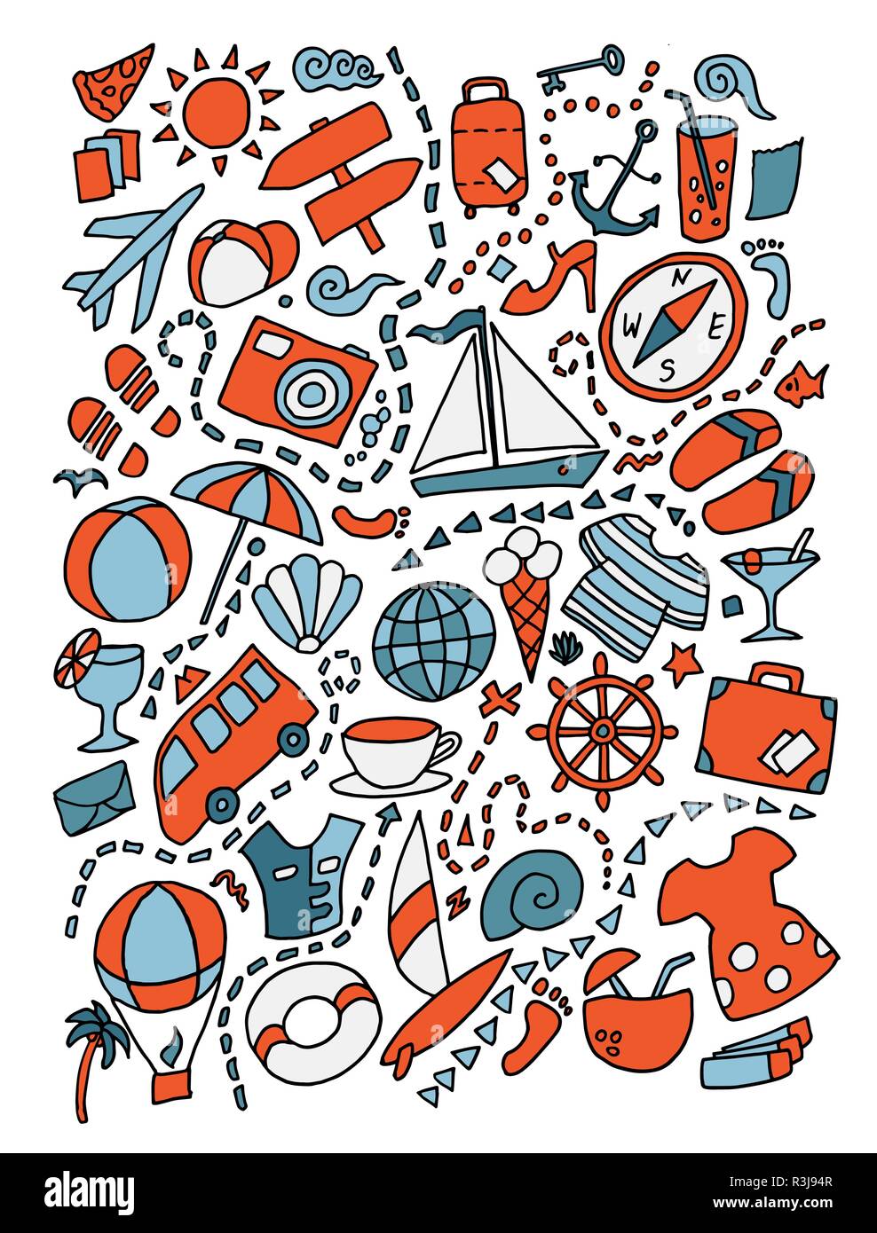 Cartoon cute doodles hand drawn adventure journey, tourist travel ...