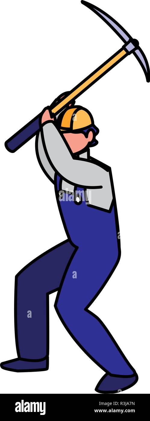 builder with safety helmet and holding a pickaxe over white background ...