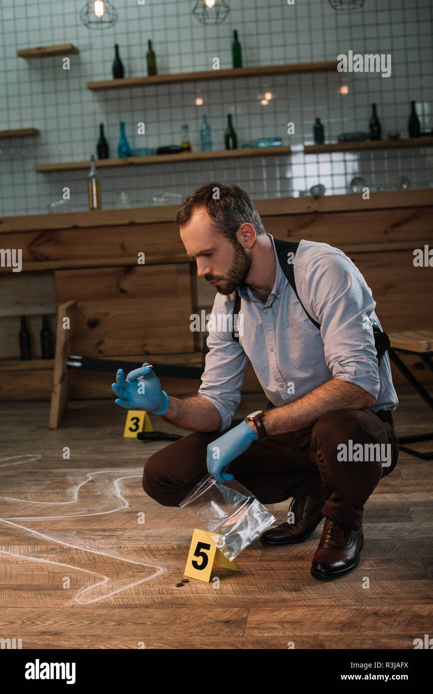 Concentrated Male Detective Collecting Evidence At Crime Scene Stock
