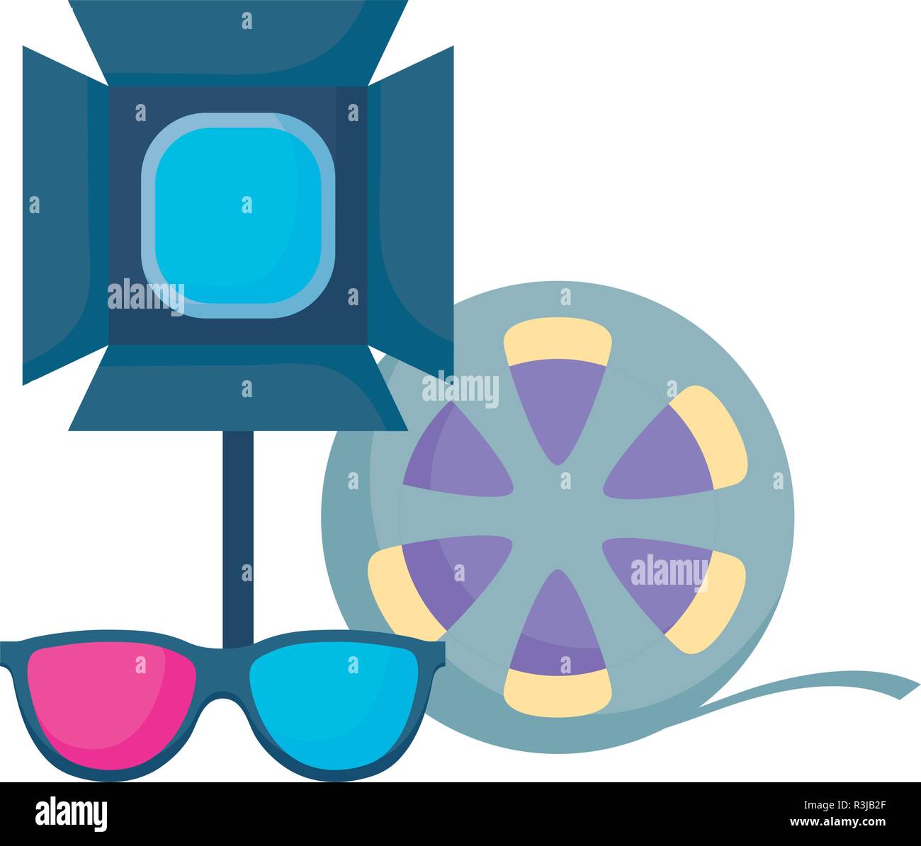 studio lamp with film roll and 3D glasses over white background, vector ...