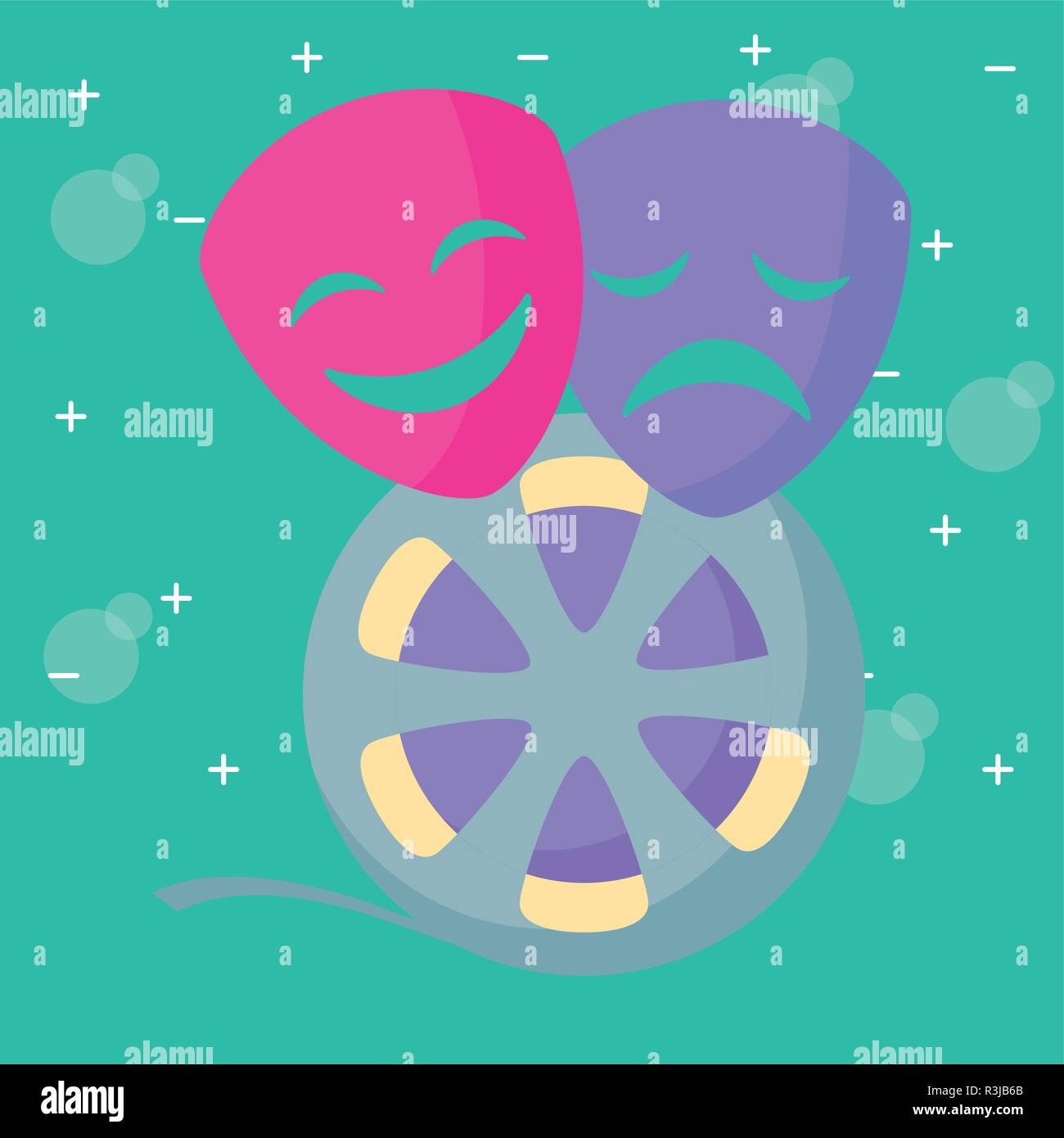 theater faces and film roll over blue background, vector illustration ...
