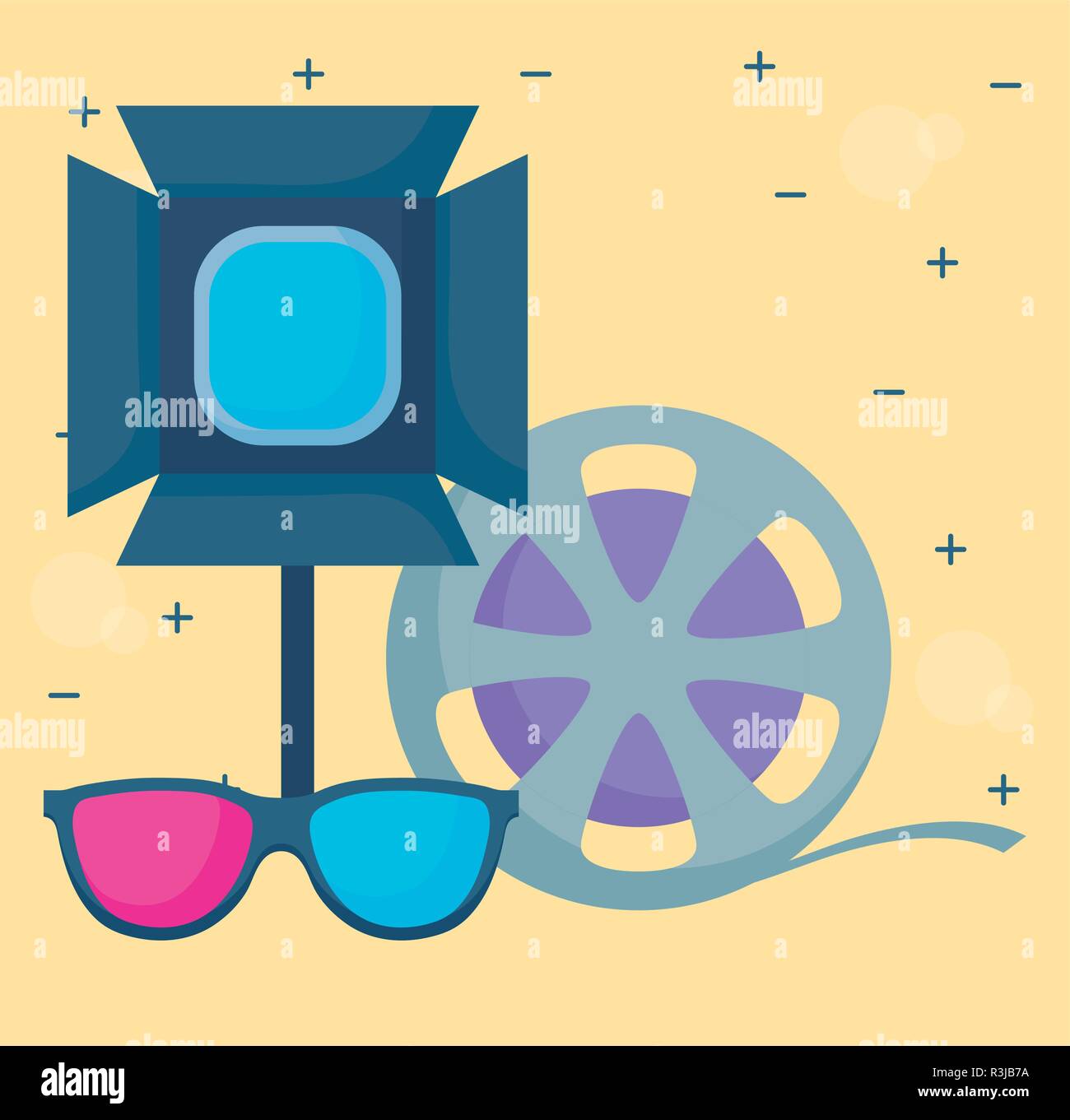 studio lamp with film roll and 3D glasses over yellow background ...