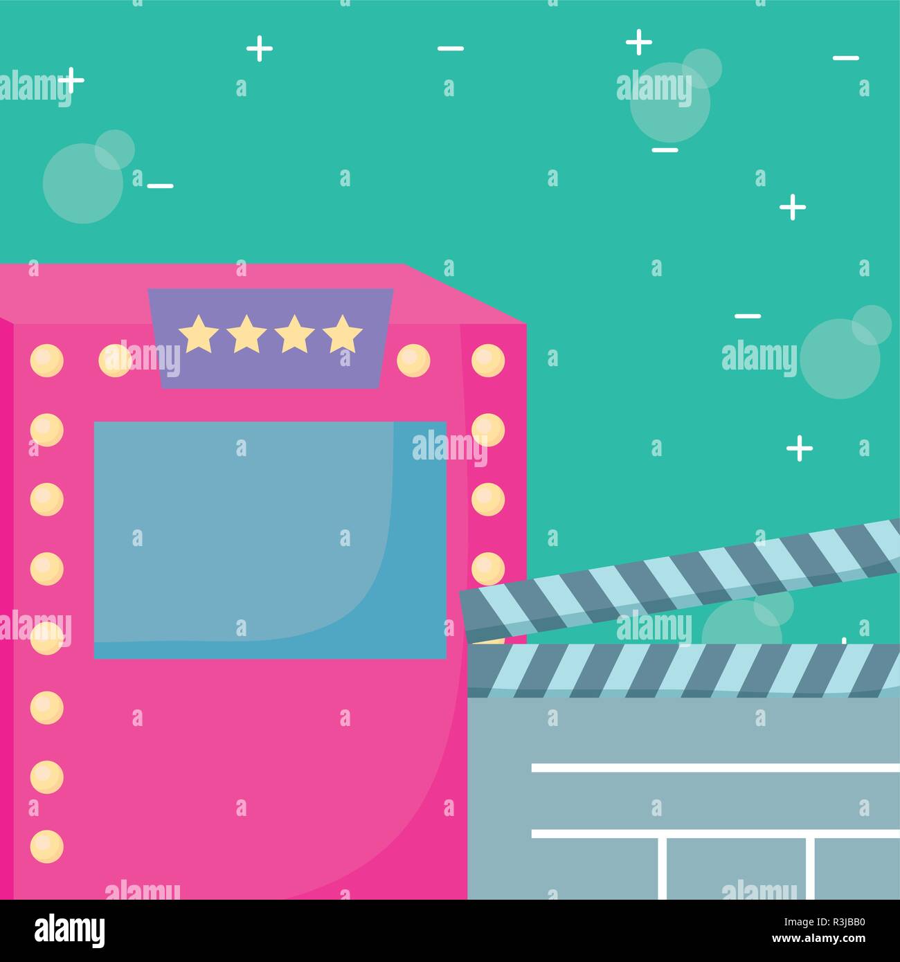 movie clapboard and ticket machine over green background, vector ...