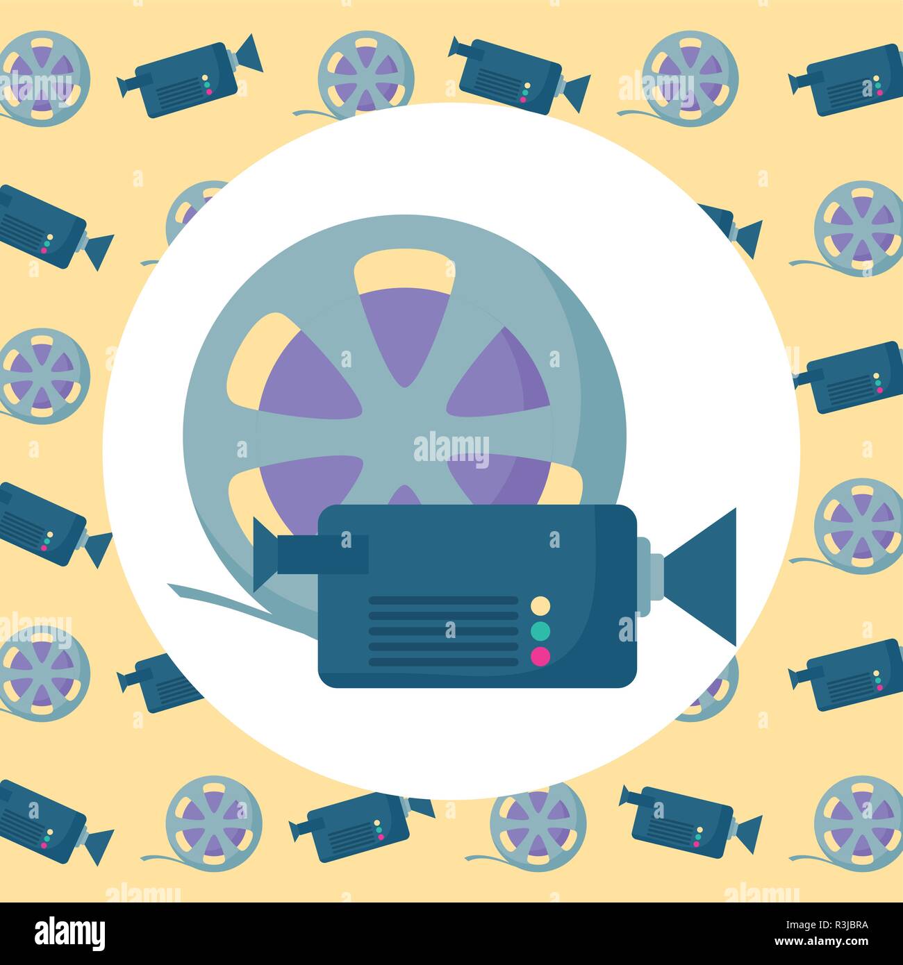 video camera and film roll over yellow background, vector illustration ...