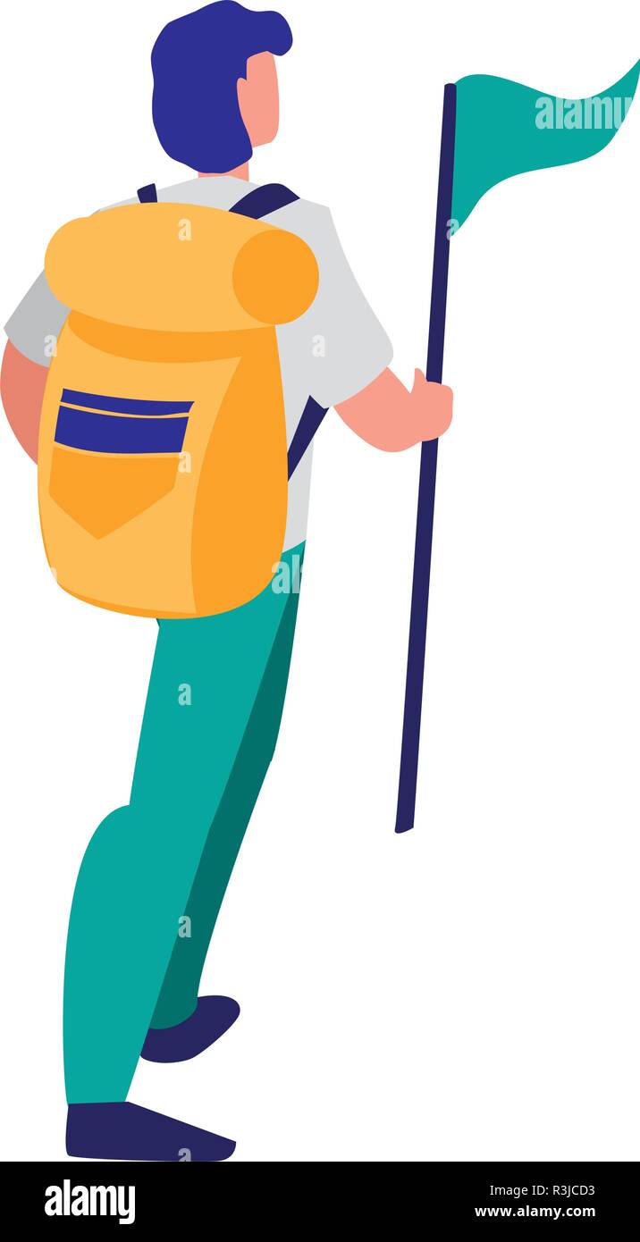 Hiking man with backpack and flag over white background, vector ...