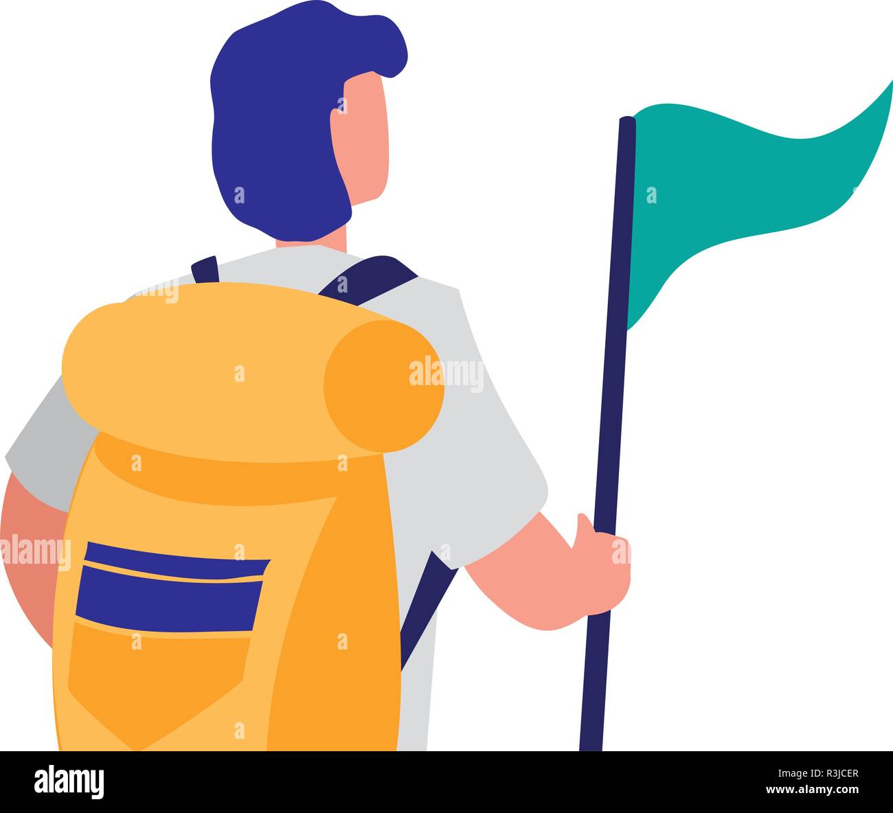 Hiking man with backpack and flag over white background, vector ...
