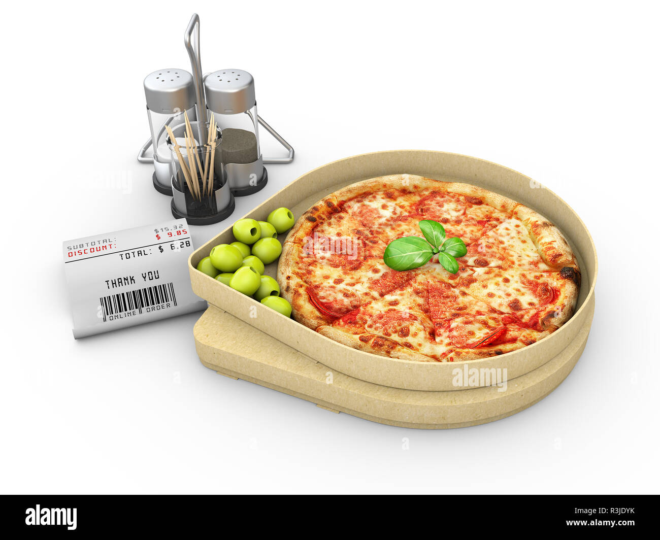 3d illustration of Pizza in a cardboard box against a white background ...