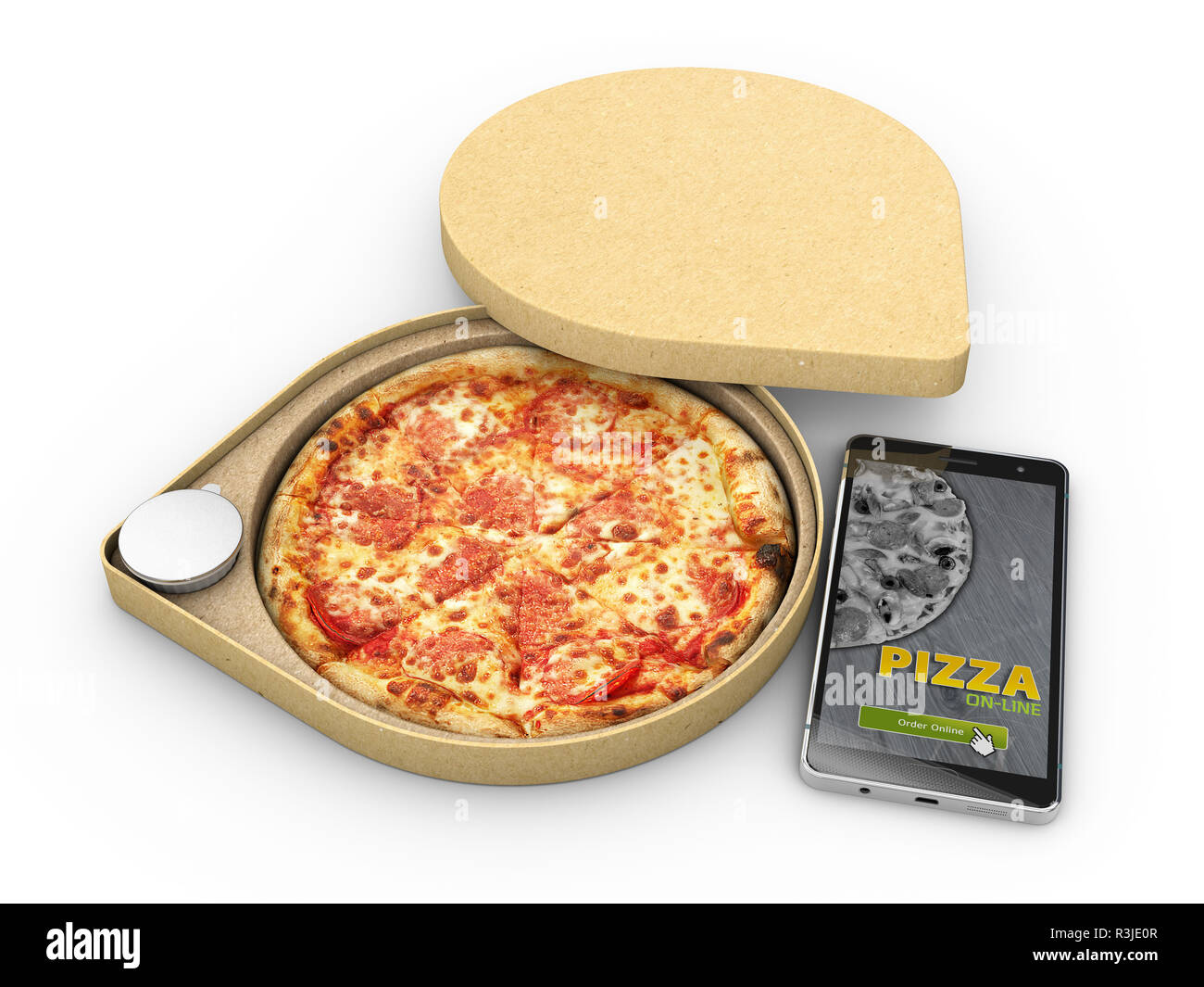 3d illustration of Pizza in a cardboard box against a white background ...
