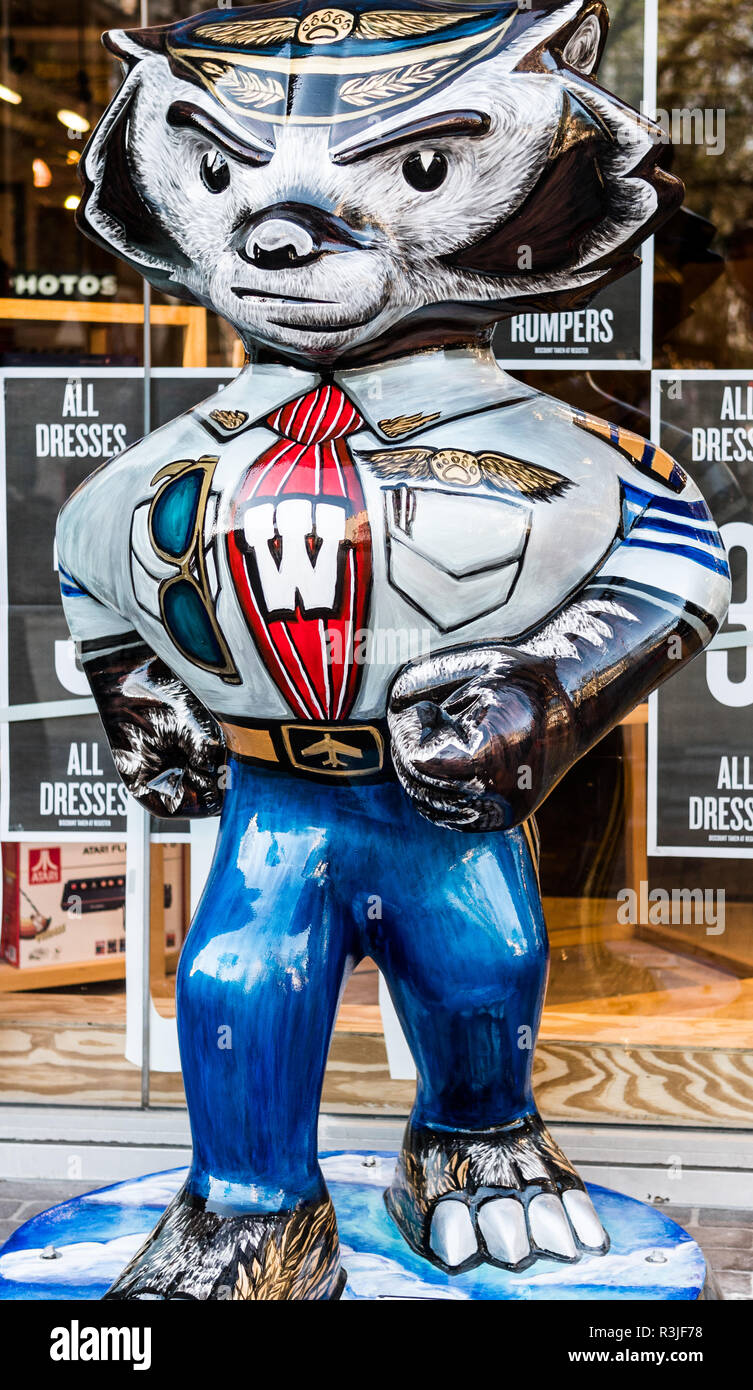 MADISON, WISCONSIN - MAY 07, 2018: A sculpture of Bucky Badger, titled ...