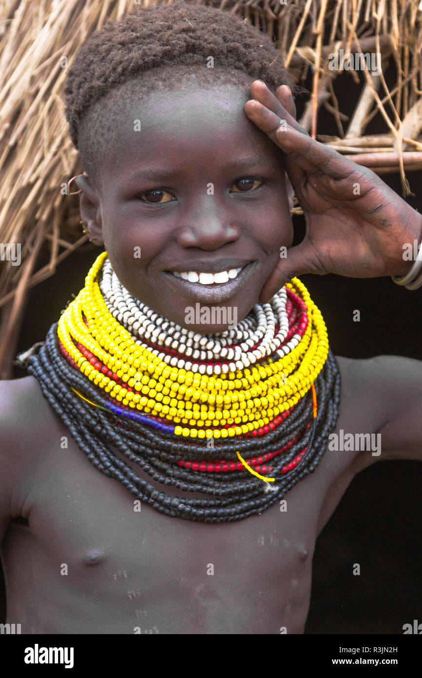Africa, Ethiopia, Southern Omo Valley, Nyangatom Tribe. A young ...