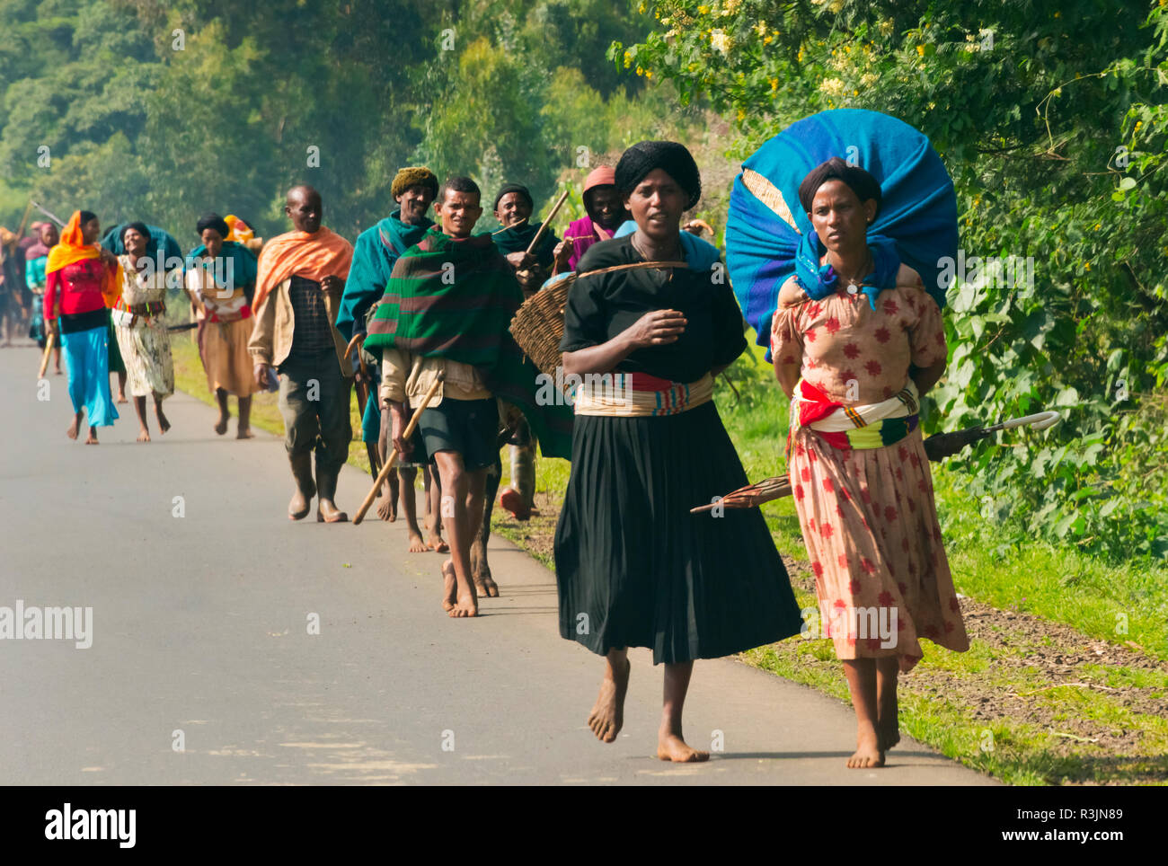People traveling along the road, between Addis Ababa and Bahir Dar ...