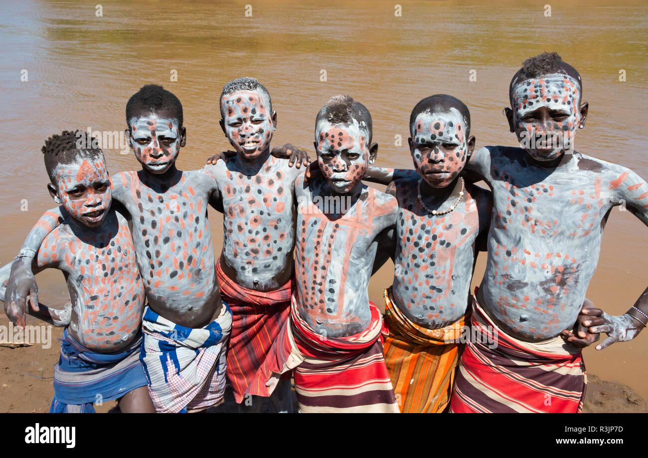 Kara tribe, boy with painted face and body by Lower Omo River, Turmi ...