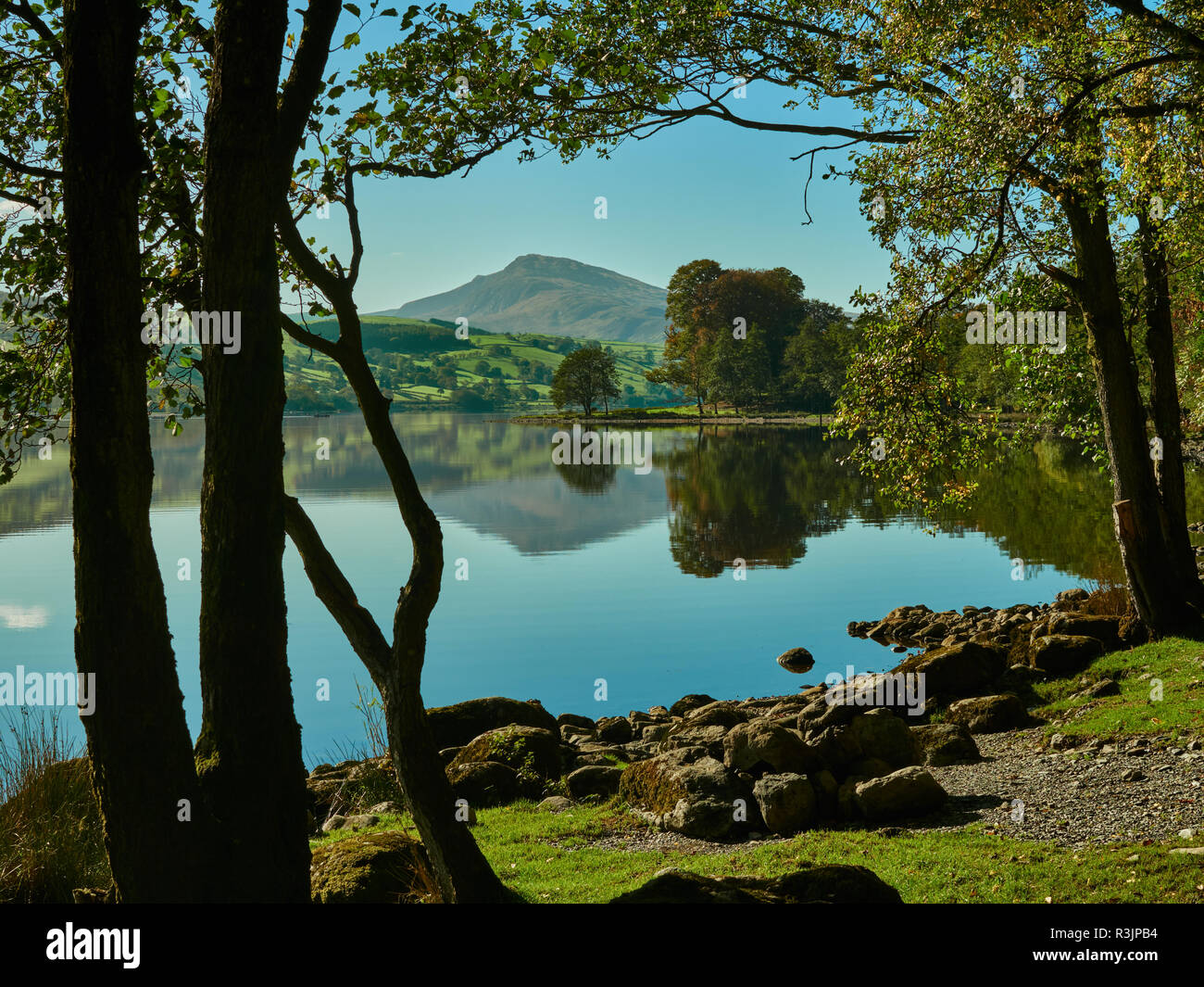 Bala Lake or Llyn Tegid, Bala. A scenic view of clear blue sky and ...
