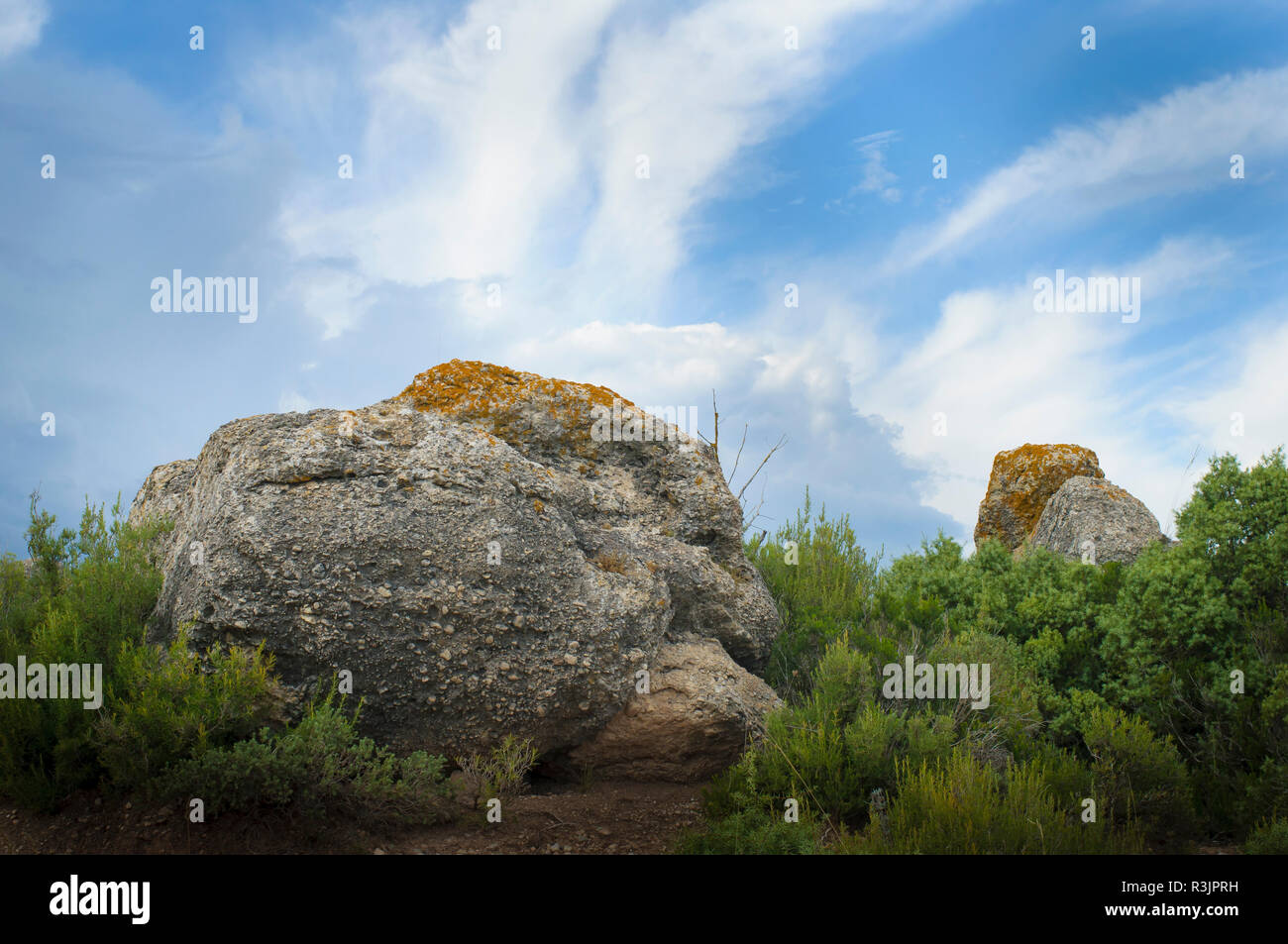 Paleolithic stones with blue sky background and green vegetation on ...