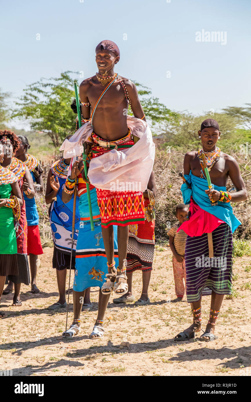 Africa, Kenya, Samburu National Reserve. Traditional Samburu dancing ...