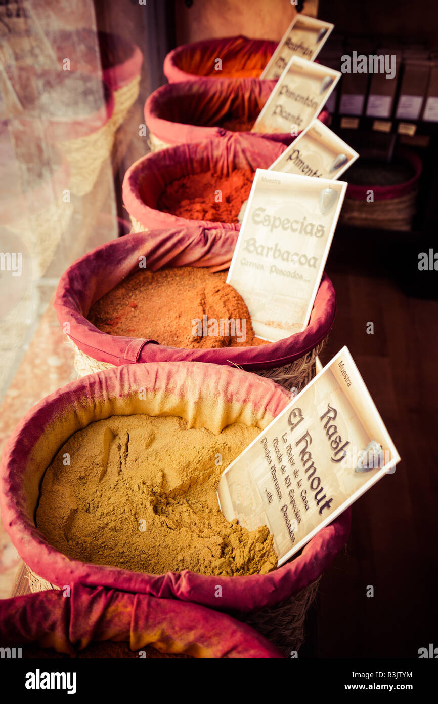 spices,seeds and tea sold in a traditional market in granada,spain ...