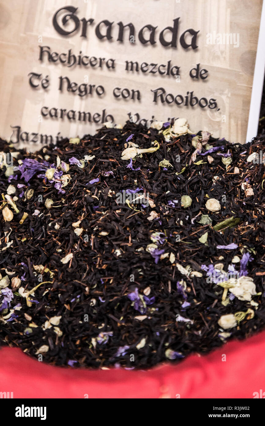 spices,seeds and tea sold in a traditional market in granada,spain ...