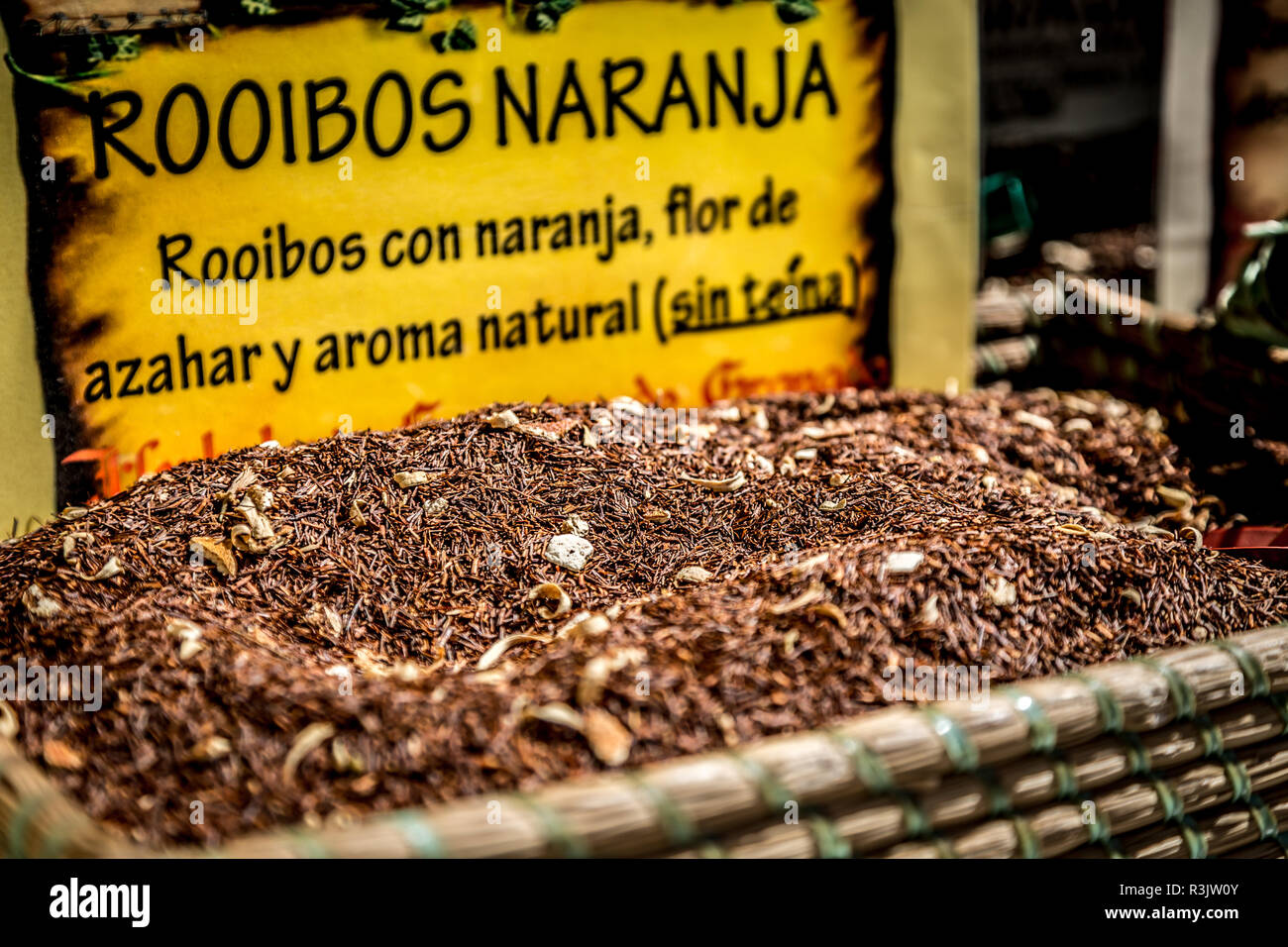 spices,seeds and tea sold in a traditional market in granada,spain ...