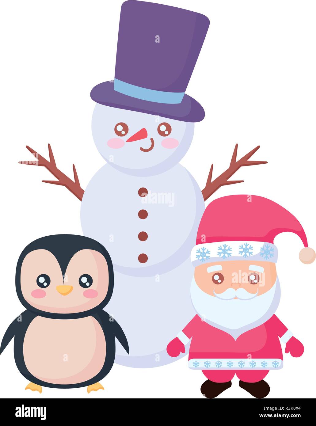 santa claus with cartoon snowman and christmas penguin over white ...