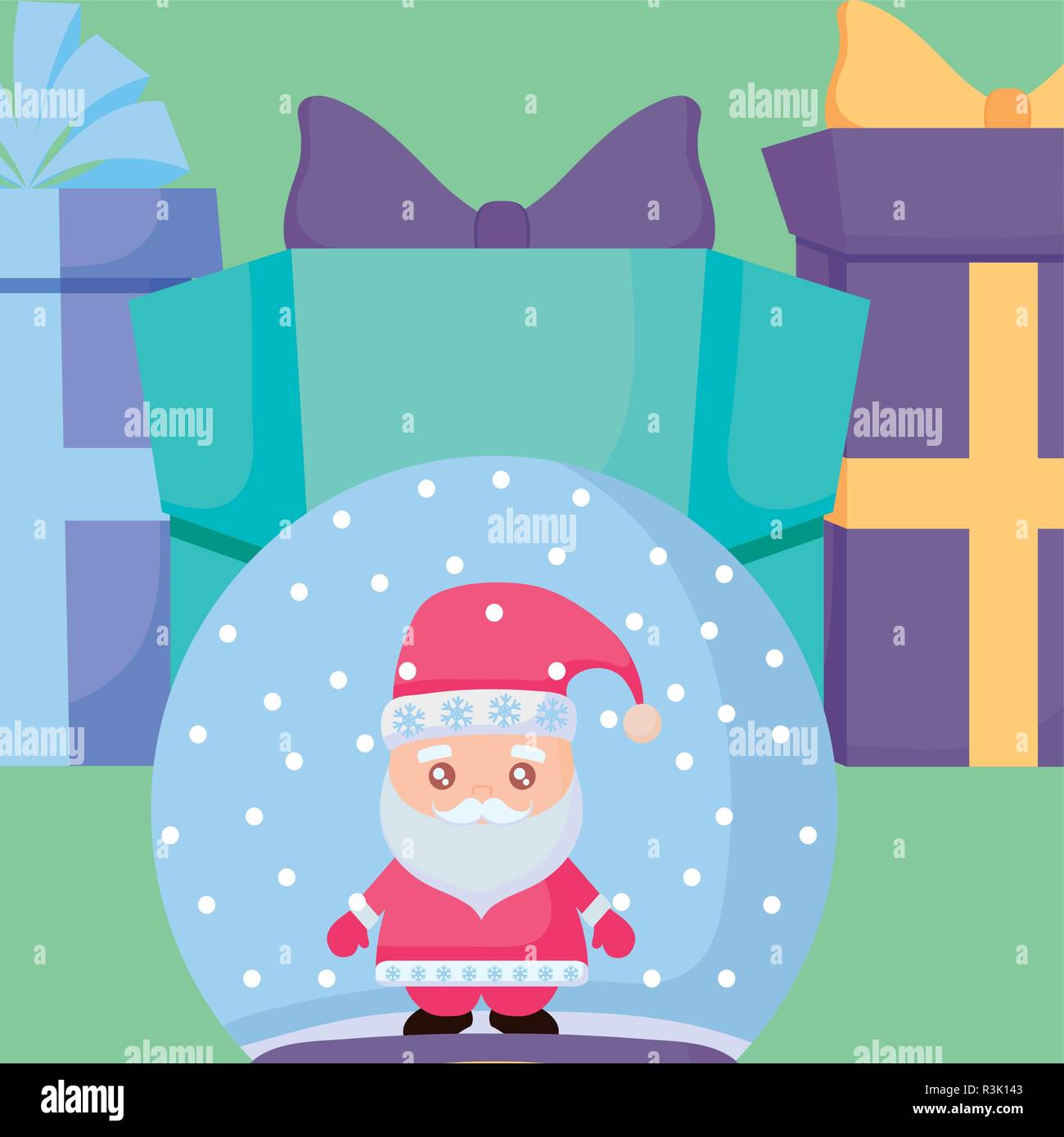 Cartoon santa claus and gift boxes over green background, vector ...