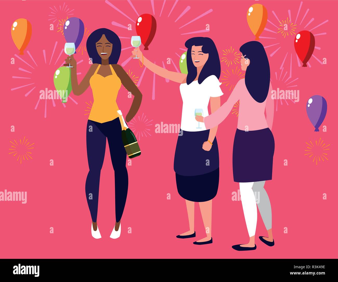 cartoon happy women in a party over pink background, vector ...