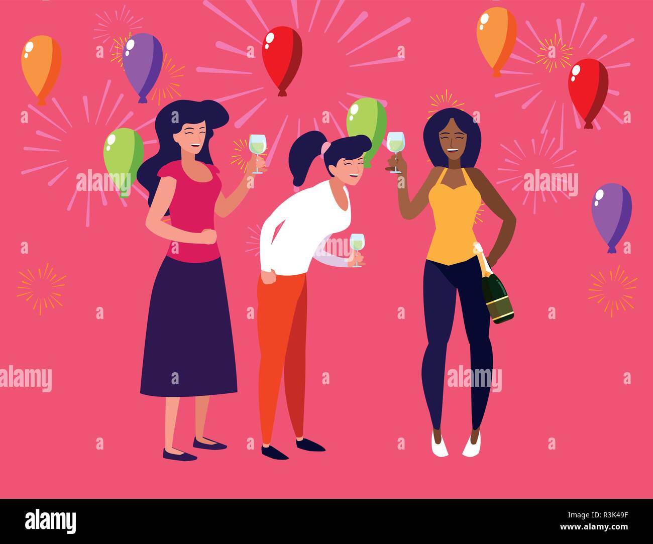 cartoon happy women in a party over pink background, vector ...