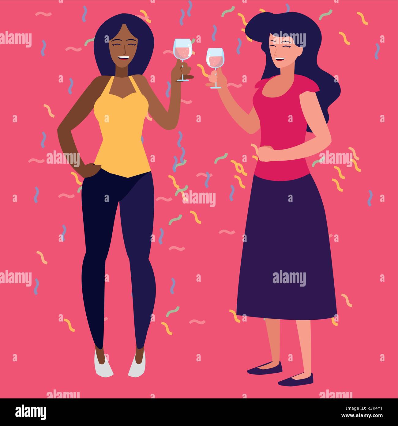 cartoon two women enjoying wine over pink background, vector ...